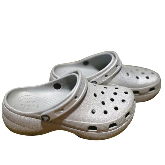 CROCS | Shoes | Womens Crocs Classic Platform Silver Glitter Clog ...